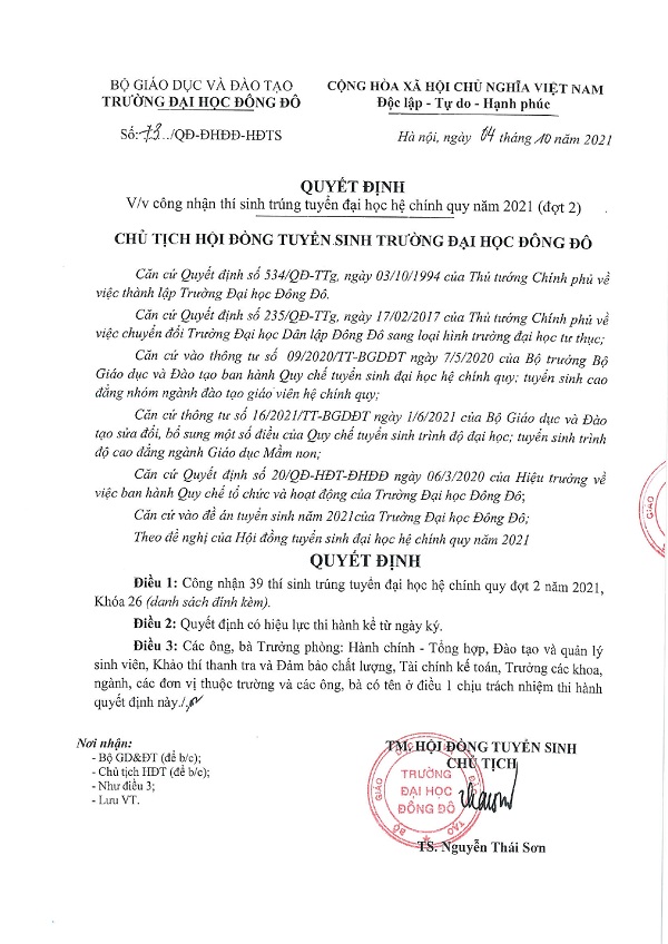 Quyết định công nhận thí sinh trúng tuyển đại học hệ chính quy năm 2021 - đợt 2| Đại học Đông Đô
